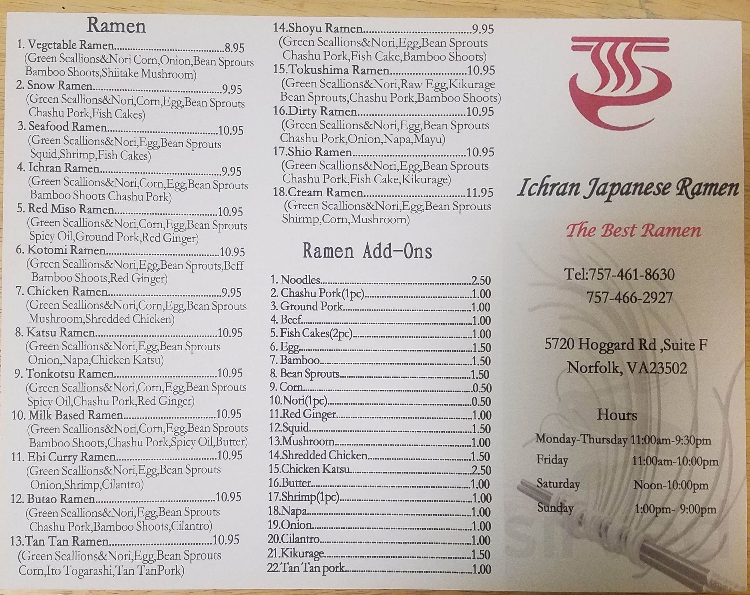Ichran Japanese Ramen menu in Norfolk, Virginia, USA