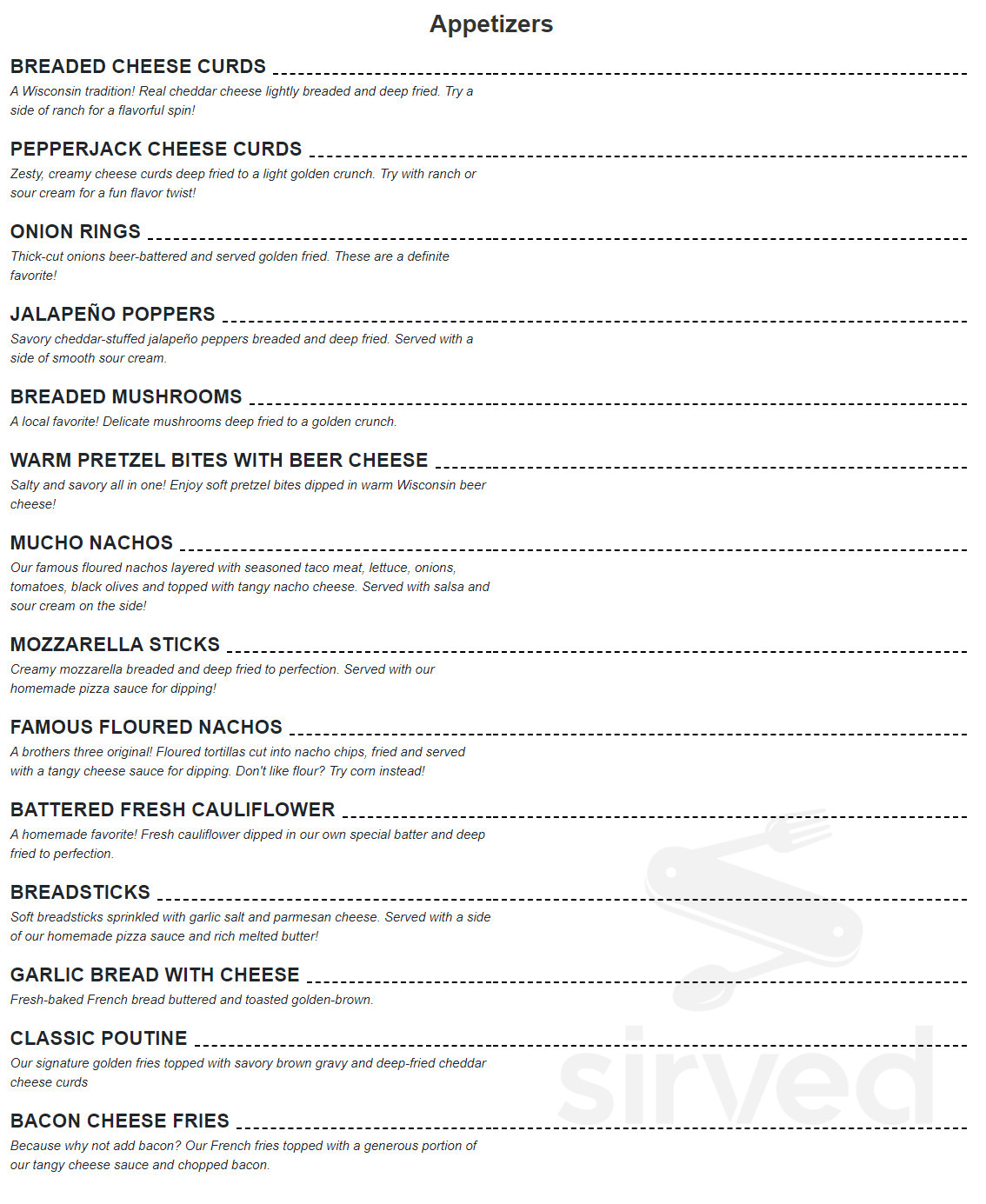 The Brothers Three menu in Marinette, Wisconsin, USA