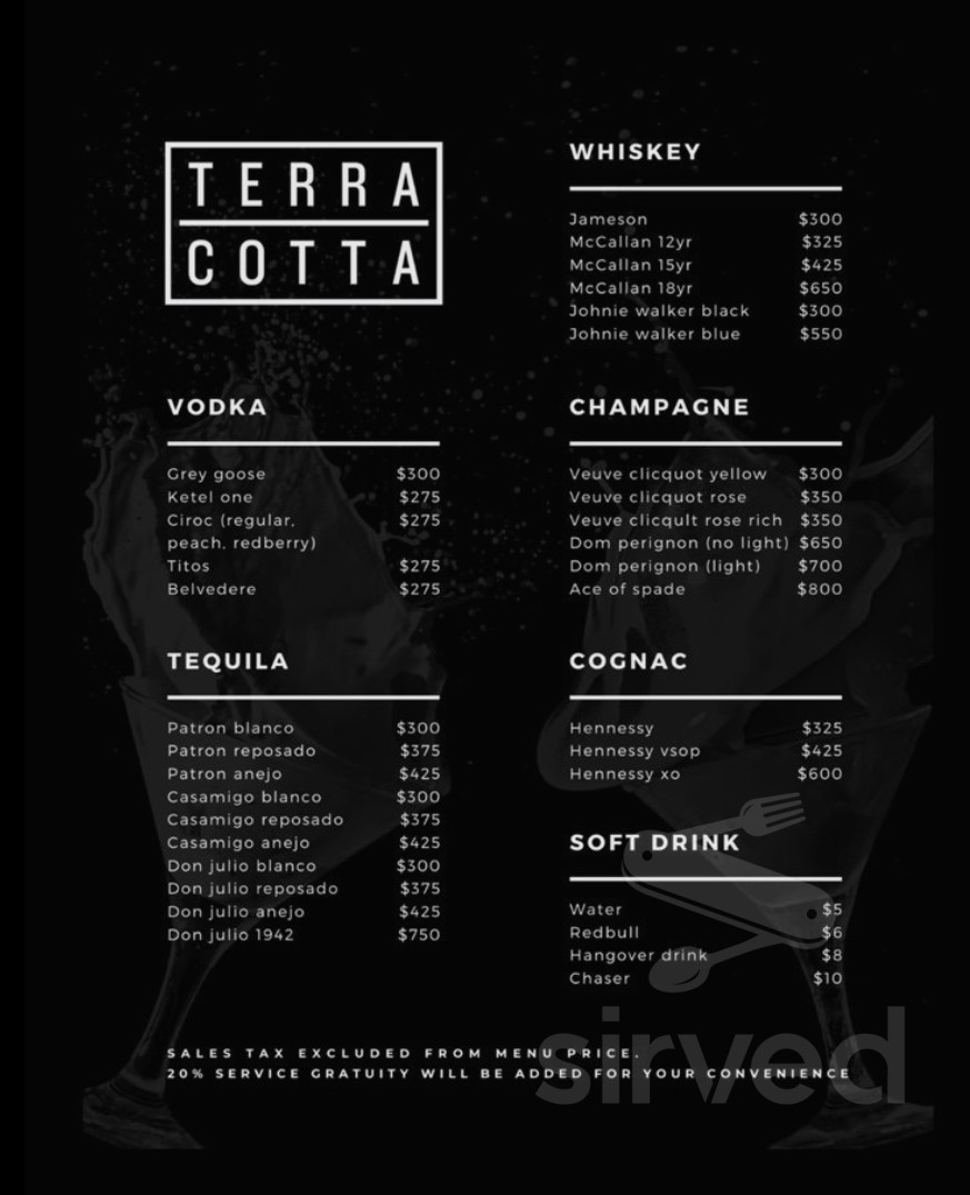 Terracotta menu in Los Angeles, California, USA
