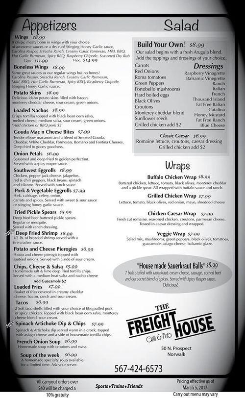 The Freight House Pub & Grill menu in Norwalk, Ohio, USA