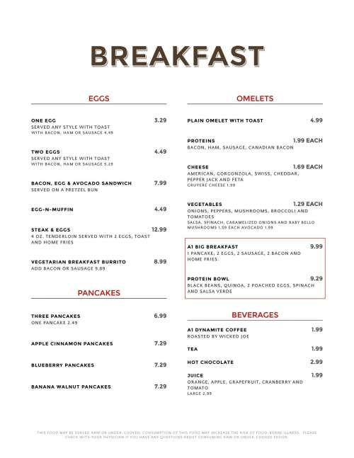 A1 Diner menu in Gardiner, Maine, USA