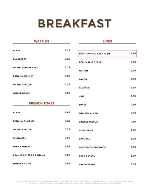 A1 Diner menu in Gardiner, Maine, USA