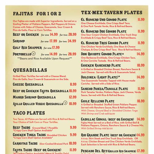 La Mancha Tex Mex Tavern menu in Austin, Texas, USA