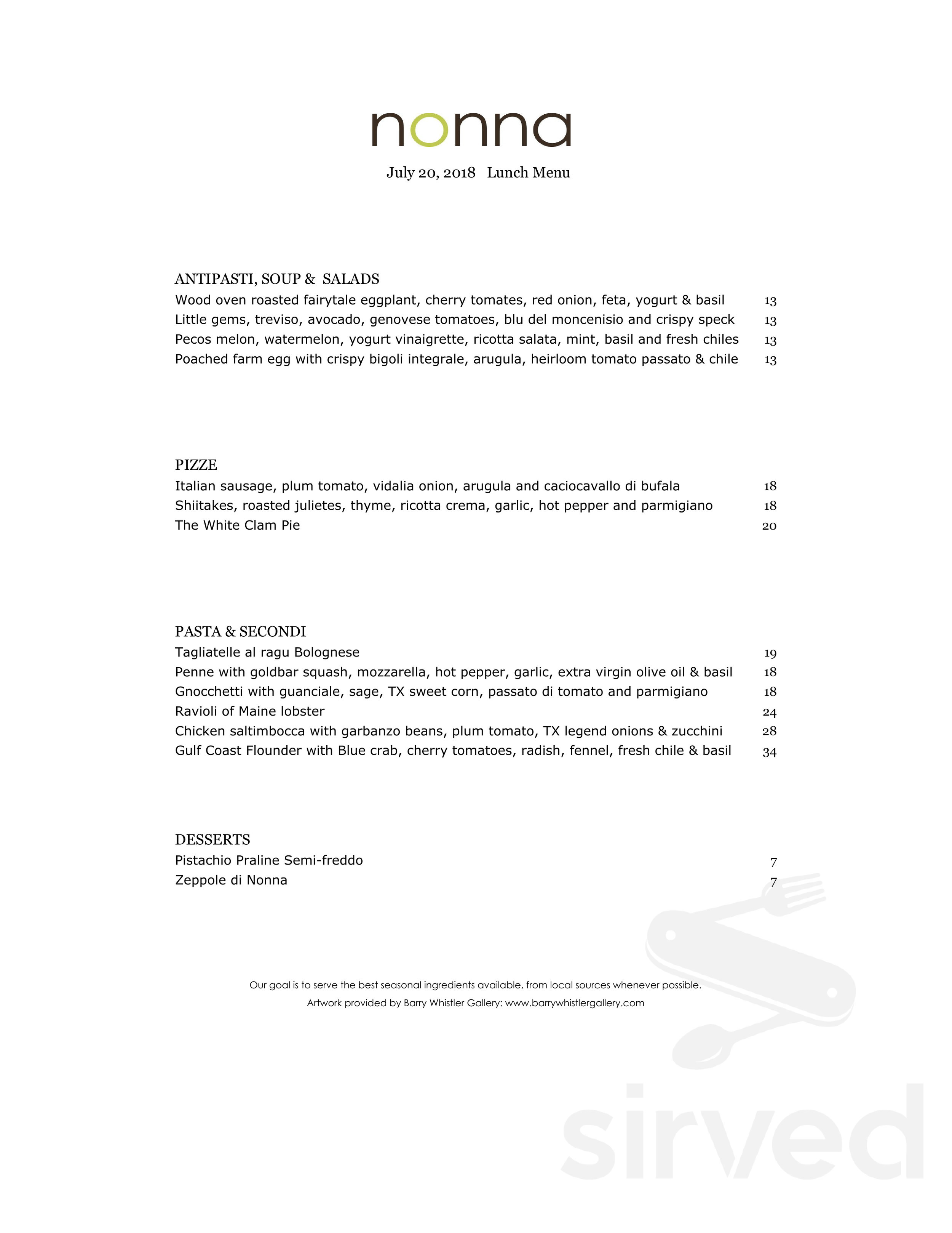 Nonna menu in Dallas, Texas, USA