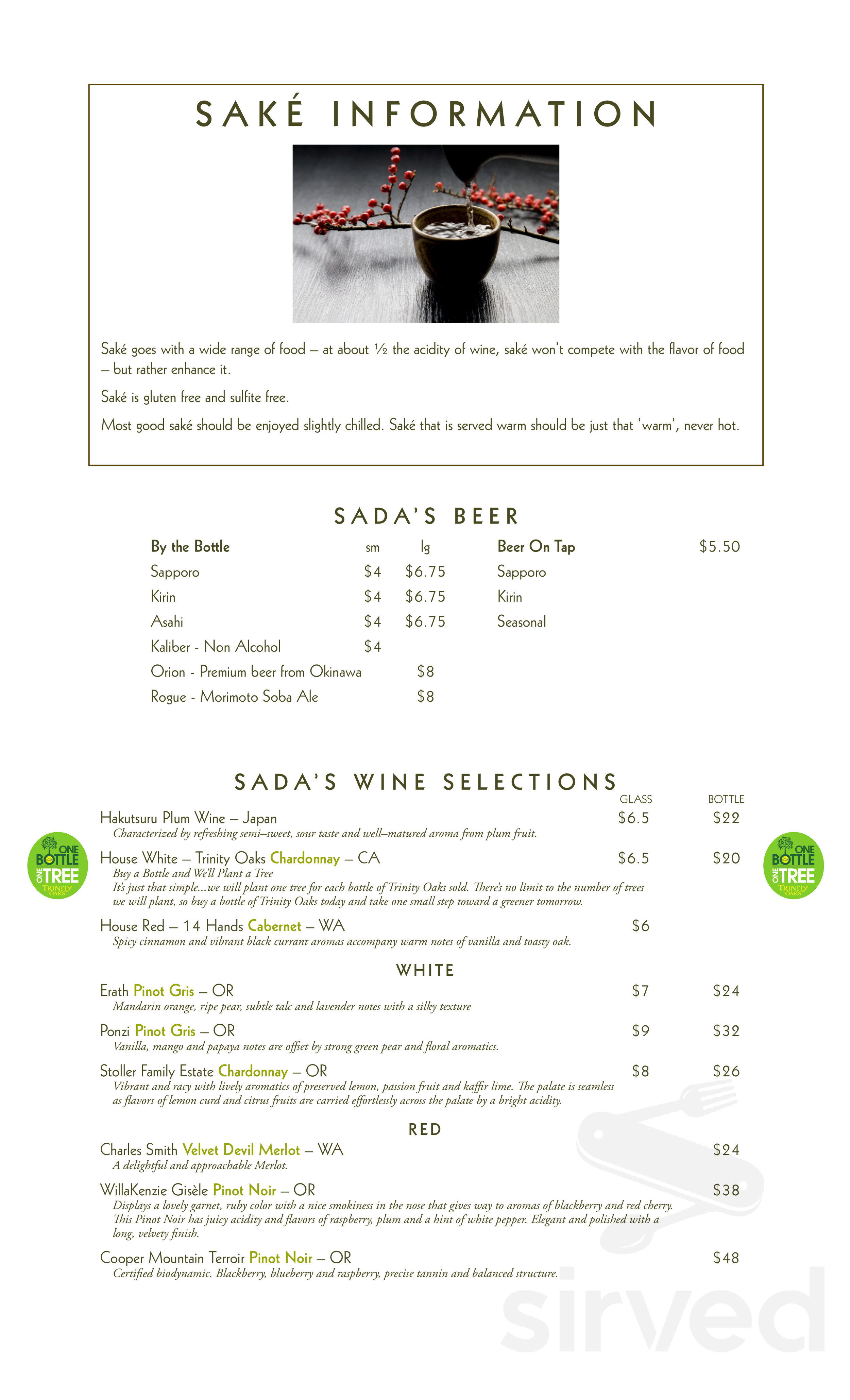 Sada Sushi & Izakaya menu in Corvallis, Oregon, USA