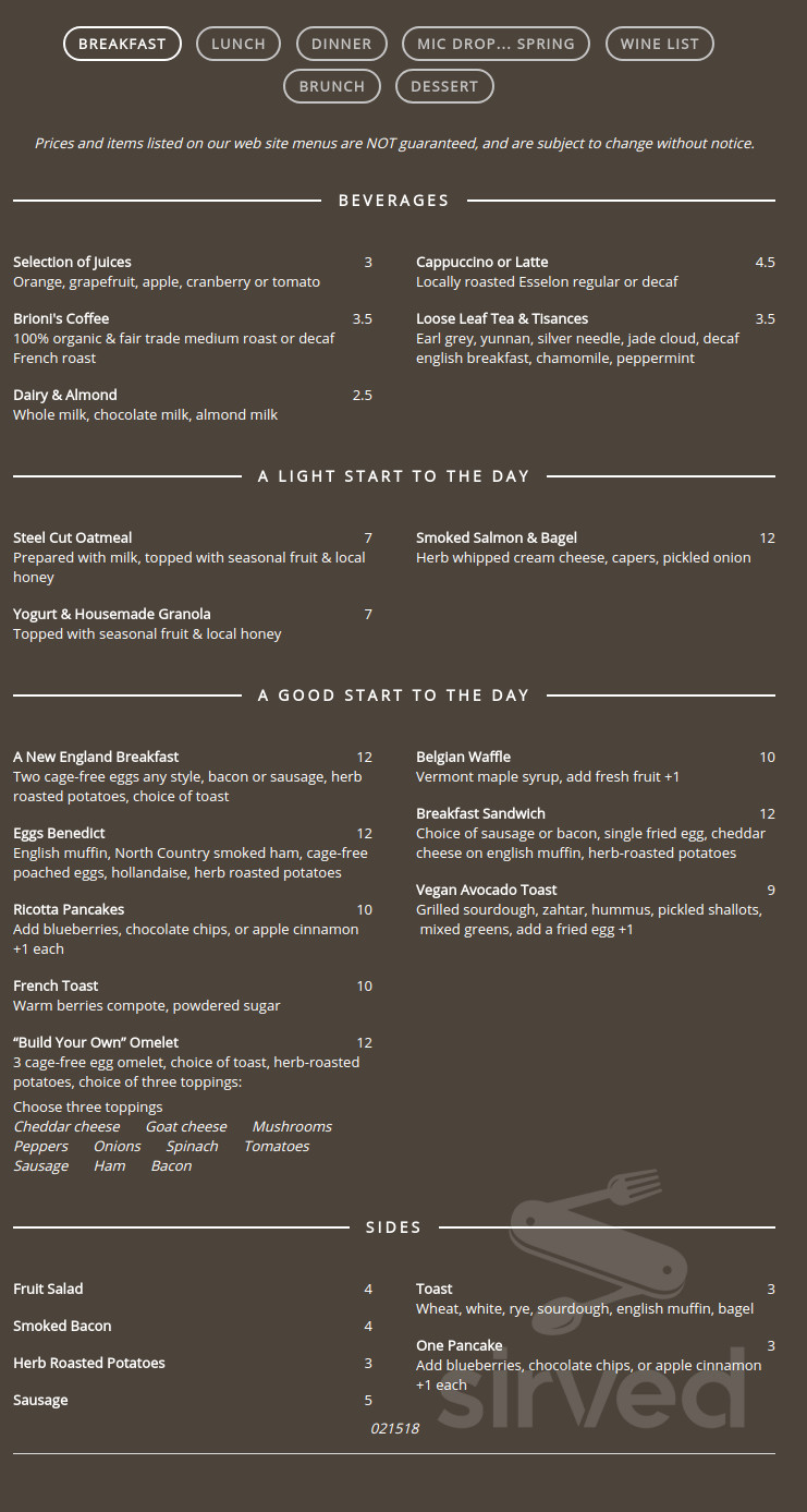 Menu - Amherst MA's 30Boltwood | Sirved