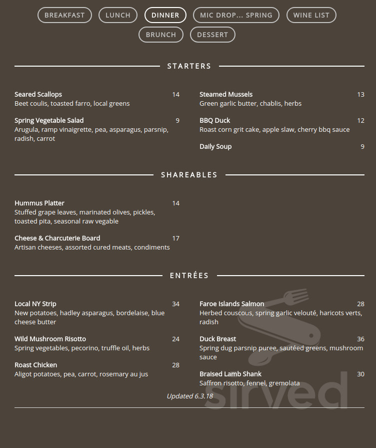 Menu - Amherst MA's 30Boltwood | Sirved