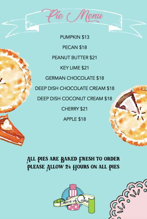 Piece of Cake menu in Evansville, Indiana, USA