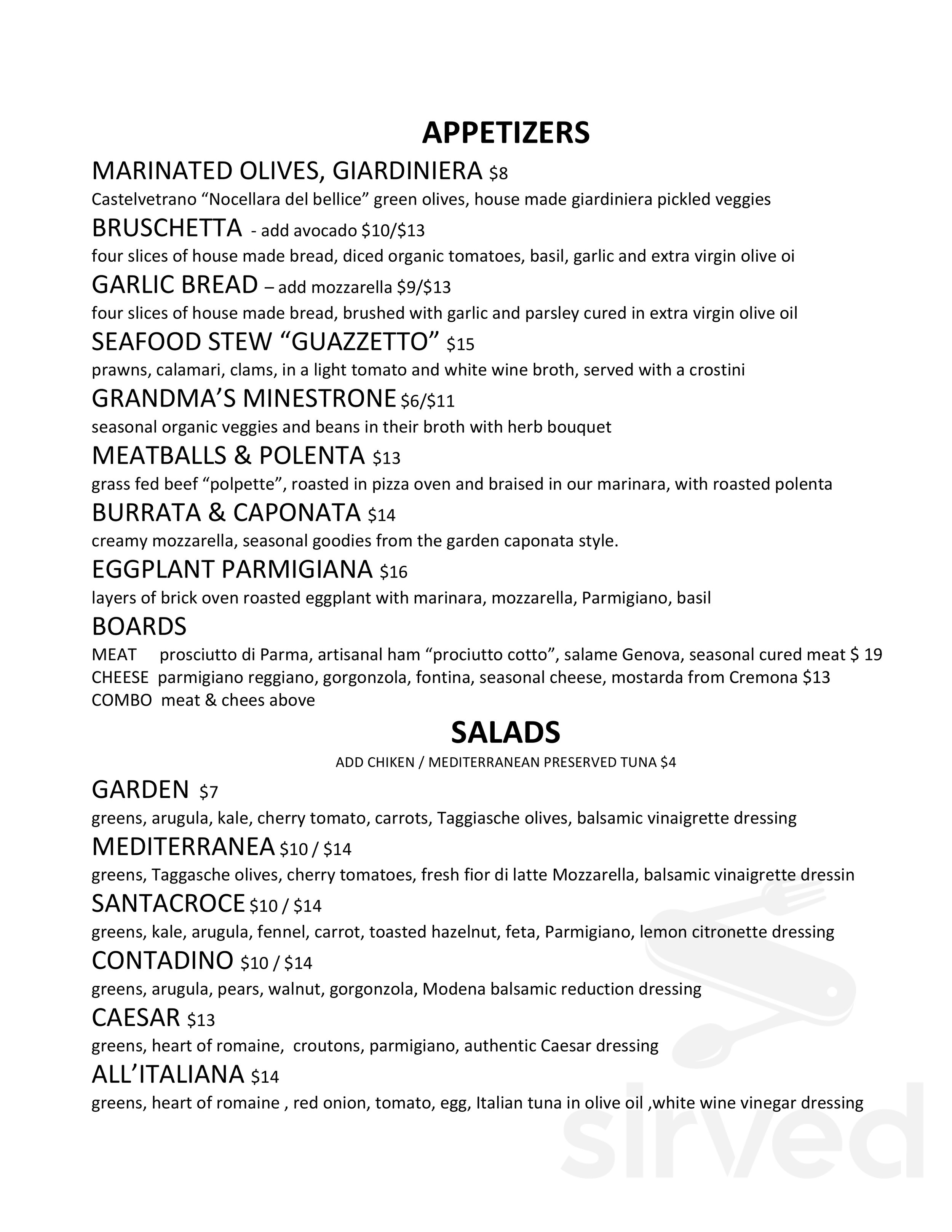 Tramonti menu in Santa Cruz, California, USA
