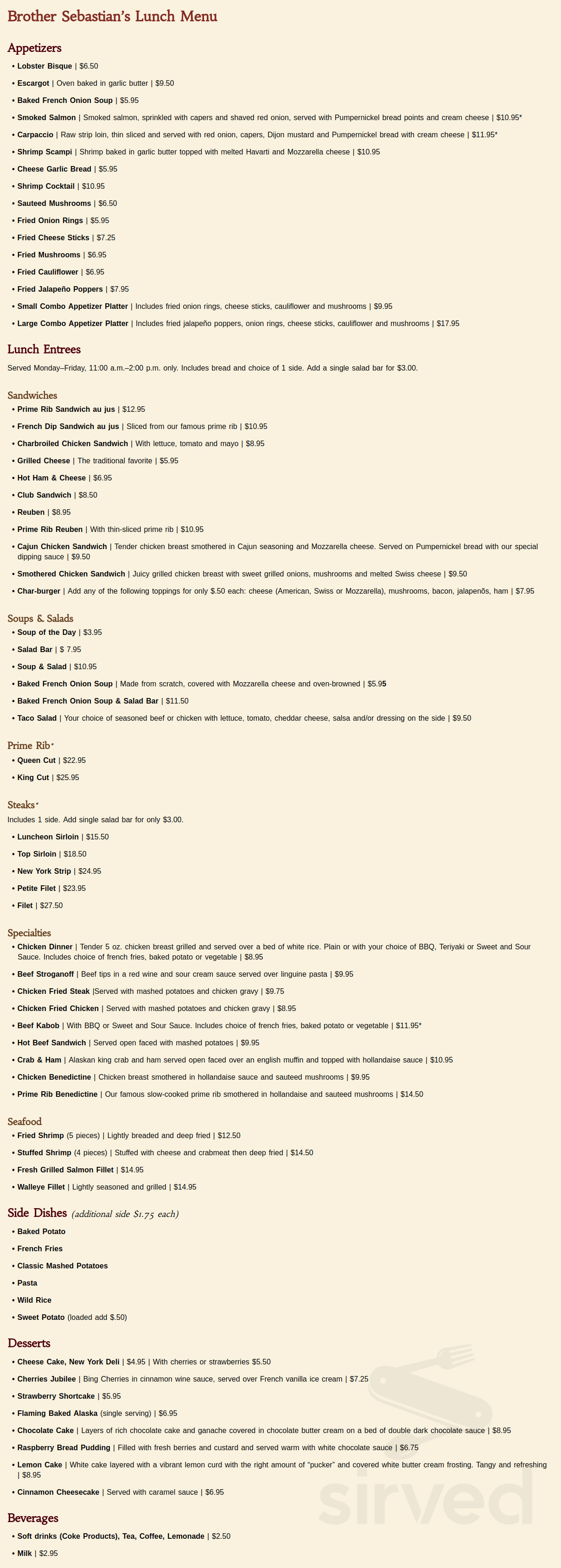 Brother Sebastian's Steakhouse menus in Omaha, Nebraska, United States