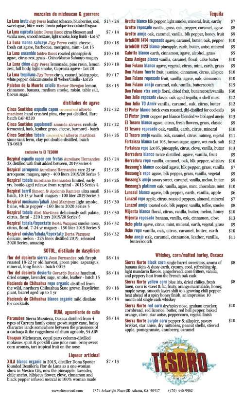 El Tesoro menu in Atlanta, Georgia, USA