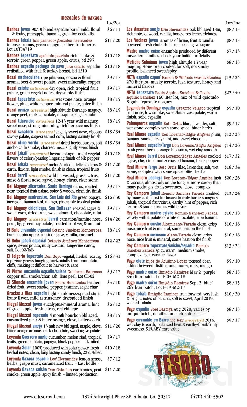 El Tesoro menu in Atlanta, Georgia, USA