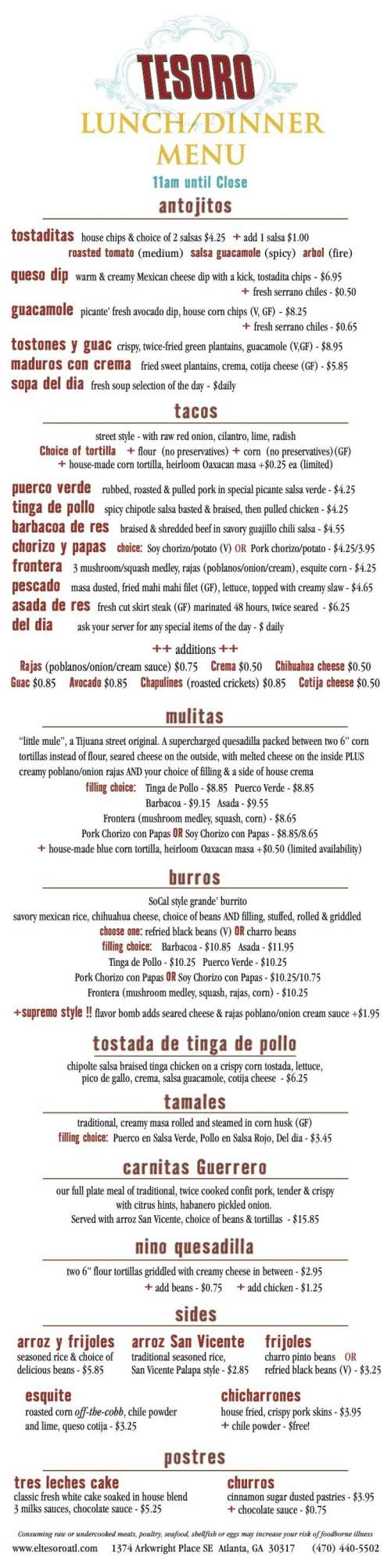 El Tesoro menu in Atlanta, Georgia, USA