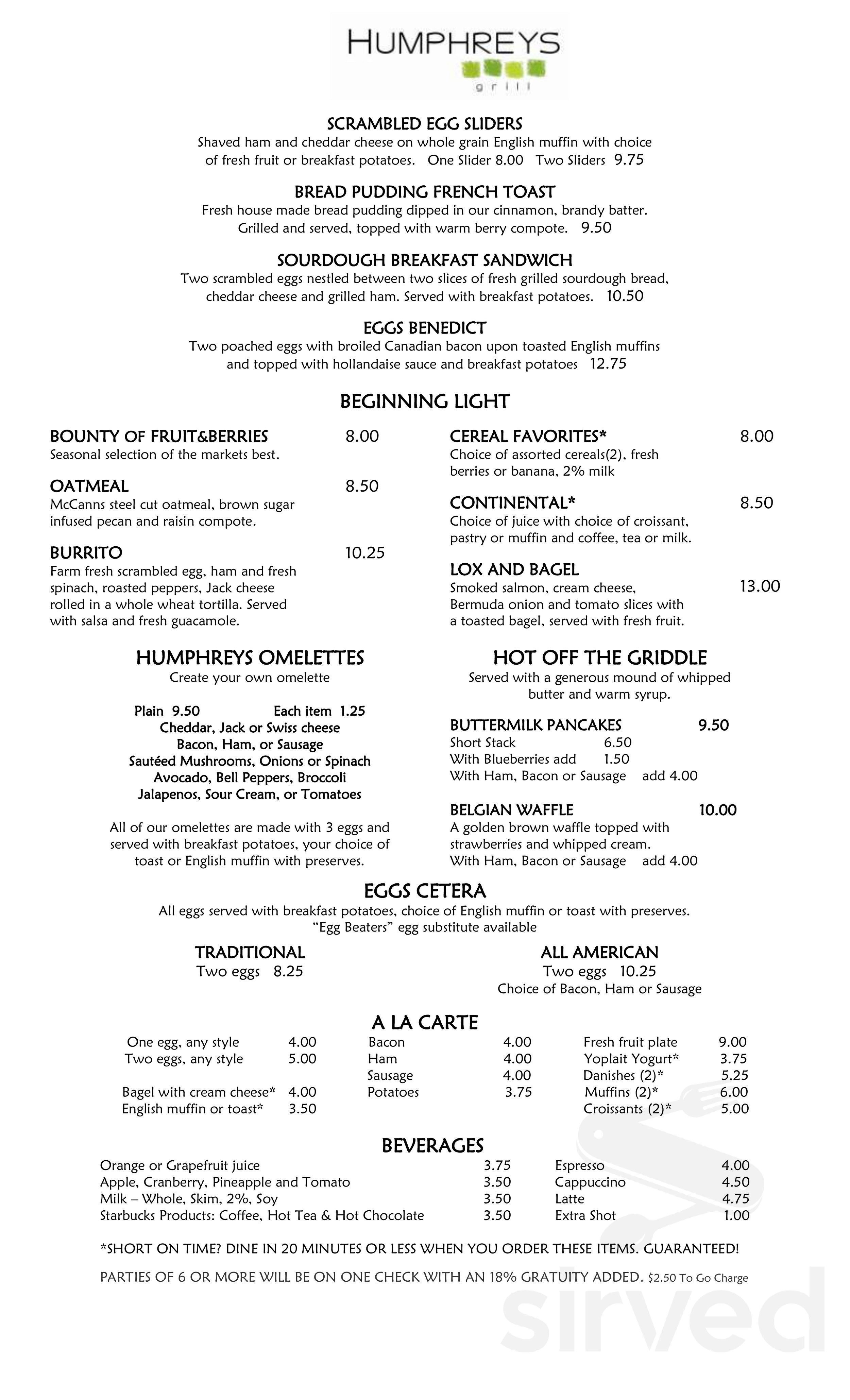 Humphreys La Jolla Grill menu in La Jolla, California, USA