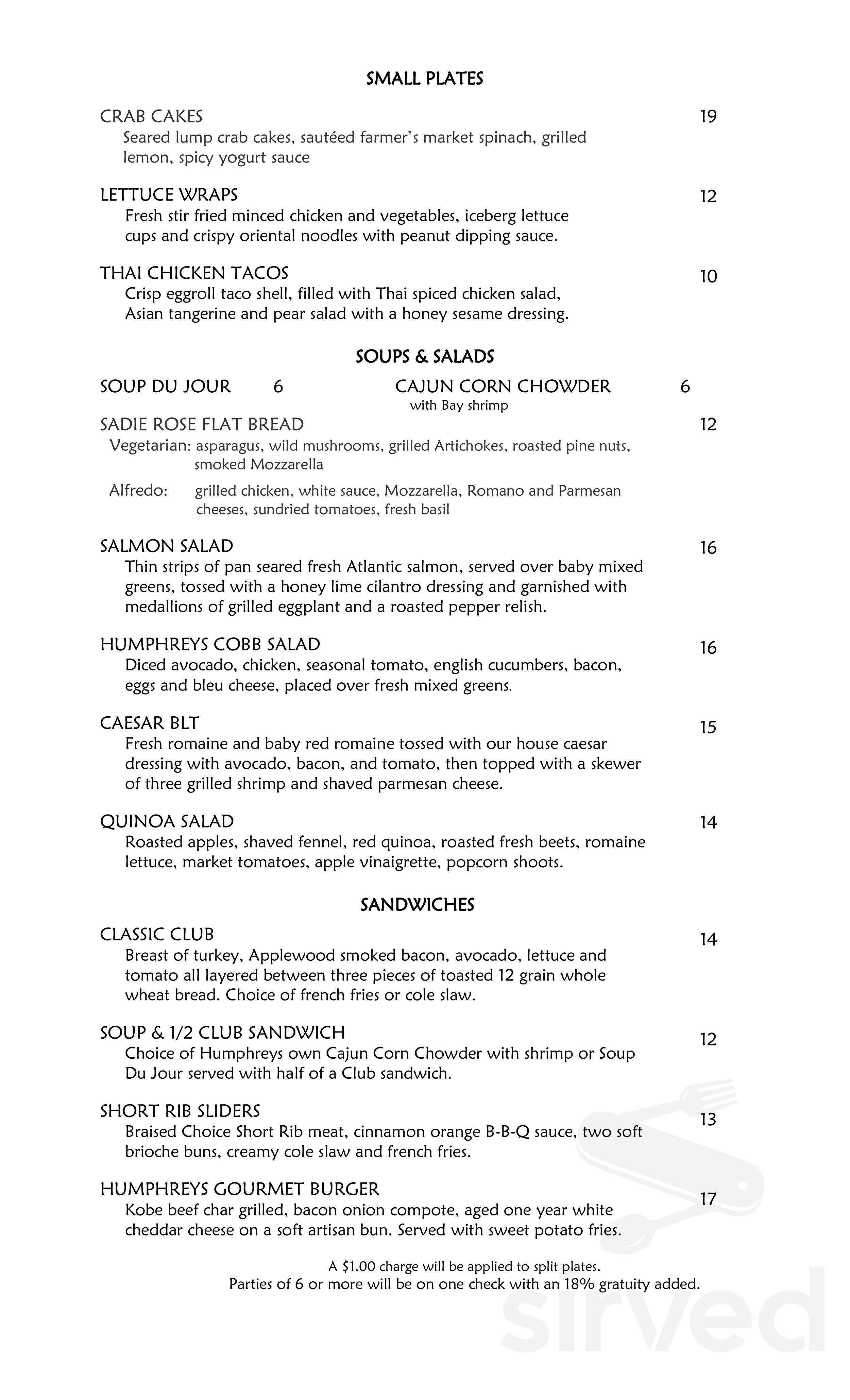 Humphreys La Jolla Grill menu in La Jolla, California, USA