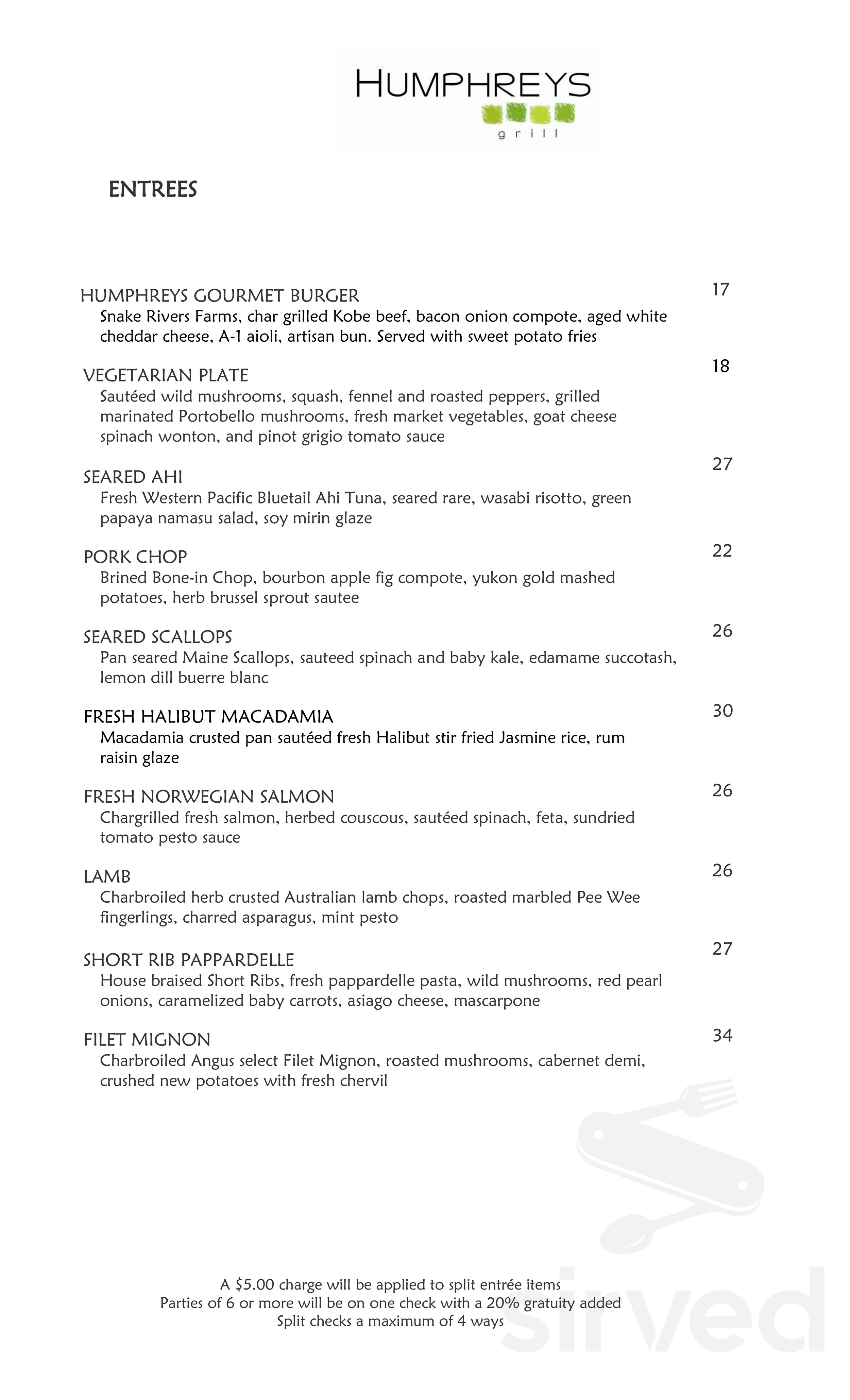 Humphreys La Jolla Grill menu in La Jolla, California, USA