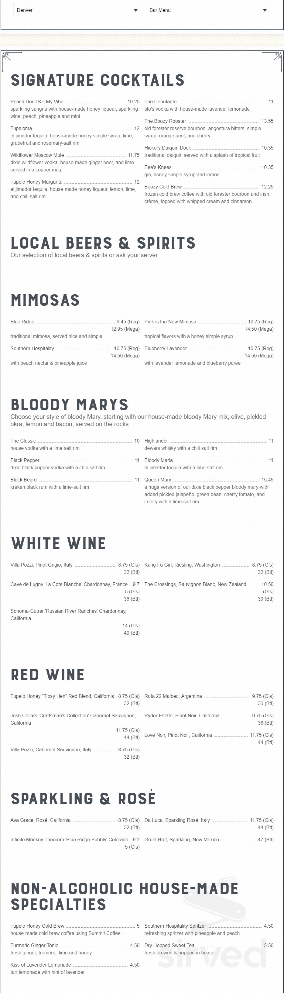 Menu - Franklin TN's Tupelo Honey Southern Kitchen & Bar | Sirved