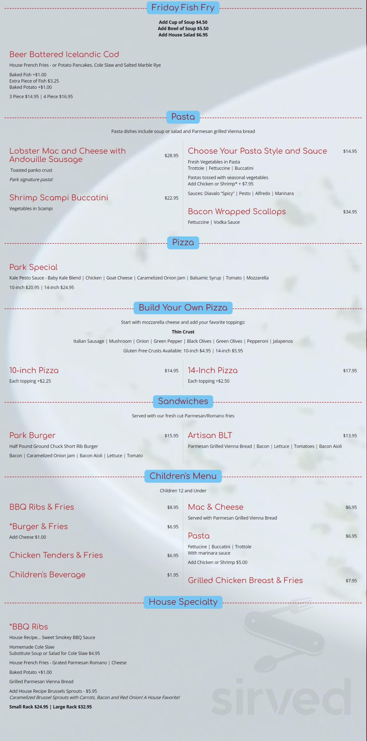 Sandra's on the Park menu in Hales Corners, Wisconsin, USA