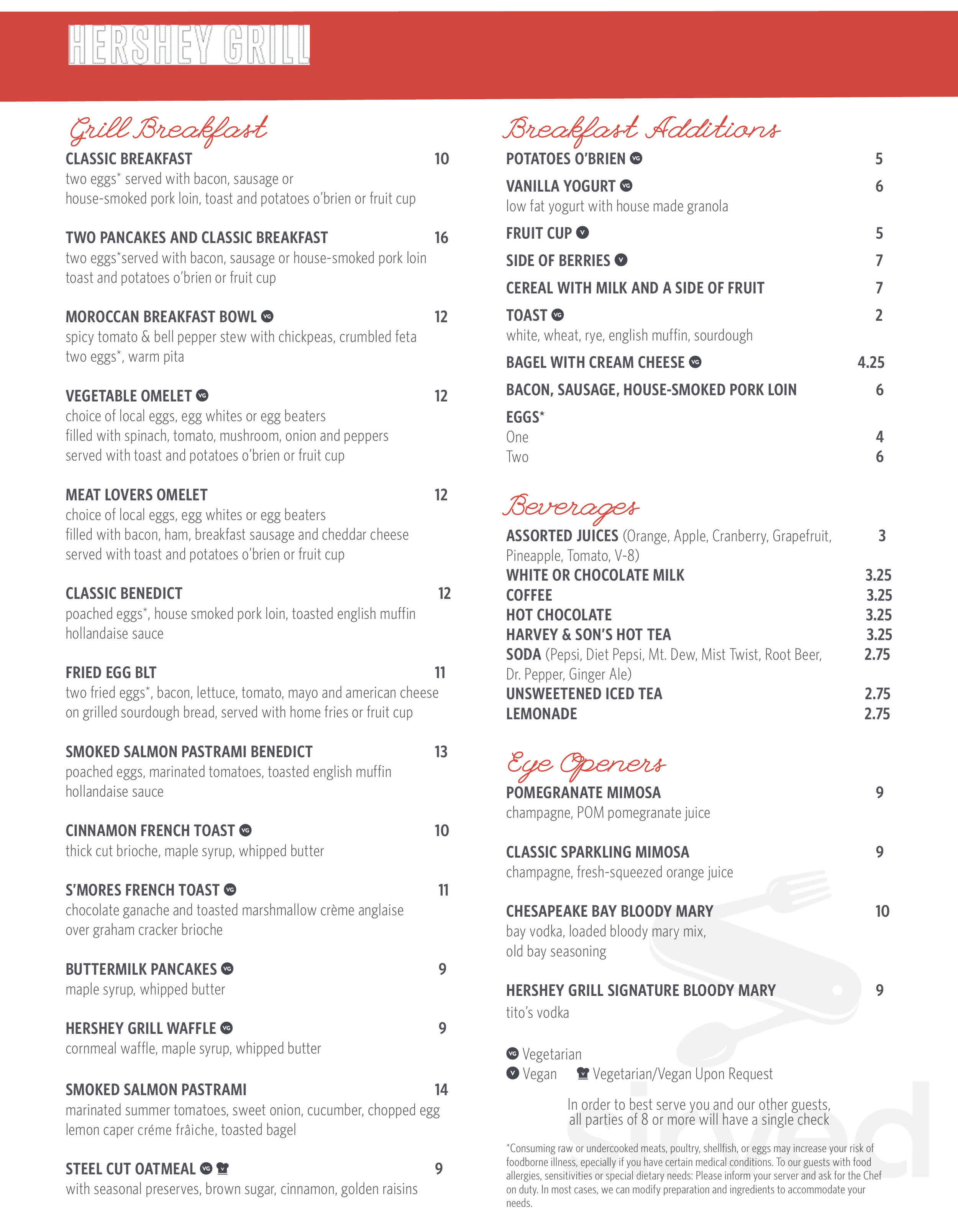 The Hershey Grill at Hershey Lodge menu in Hershey, Pennsylvania, USA
