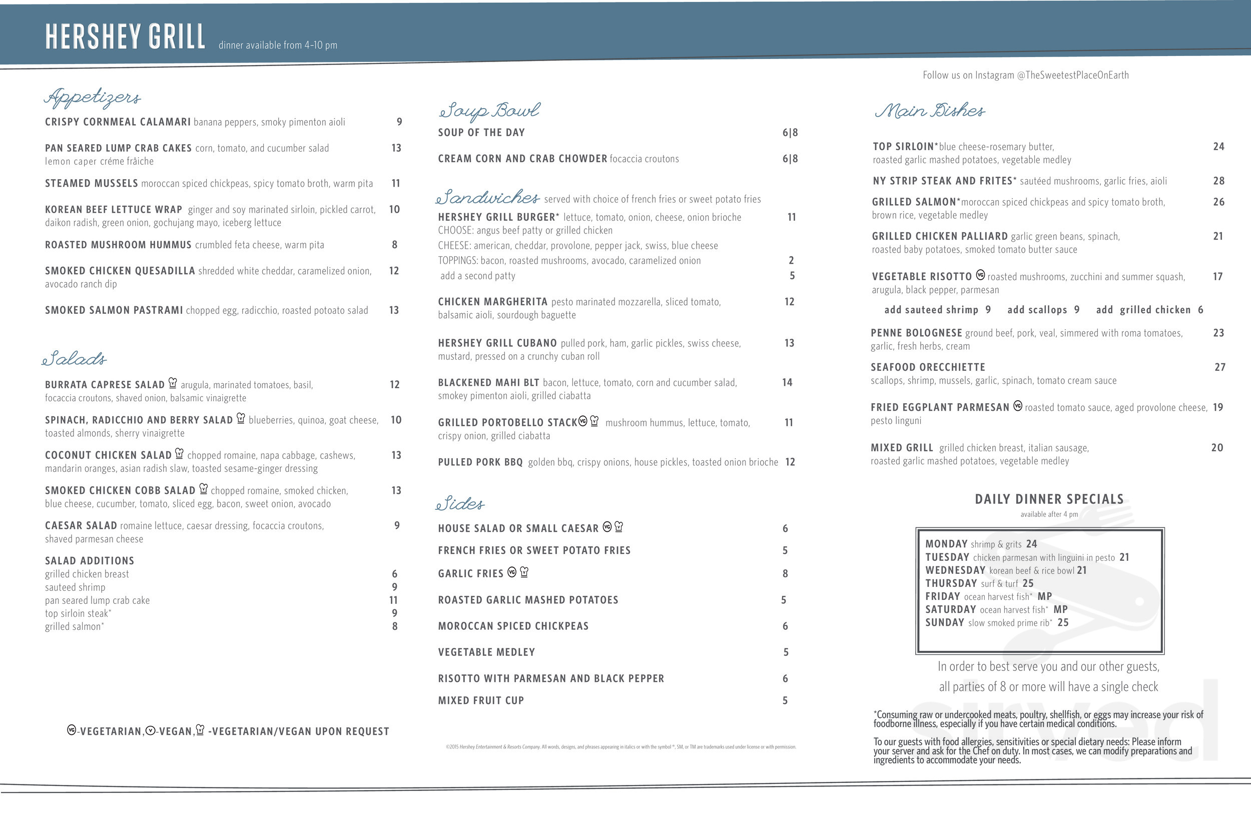 The Hershey Grill at Hershey Lodge menu in Hershey, Pennsylvania, USA