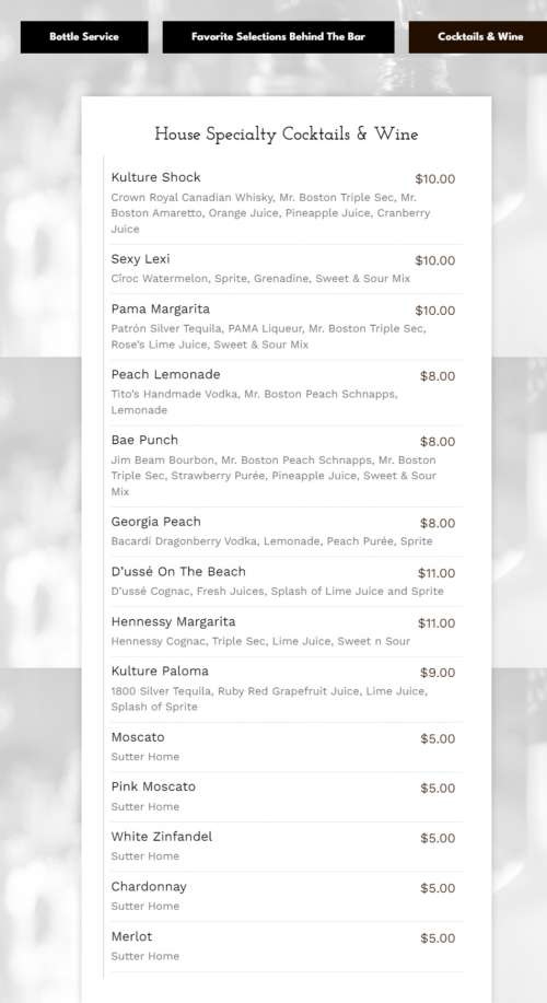 Kulture Bar & Bistro menu in Indianapolis, Indiana, USA