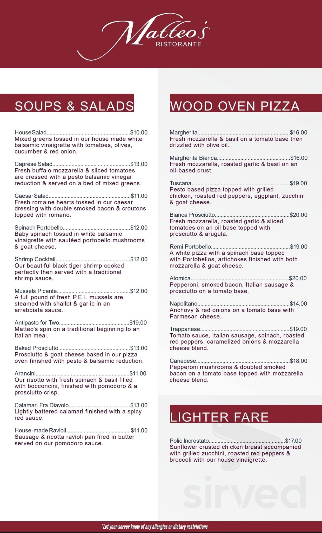 Matteo's menu in Welland, Ontario, Canada