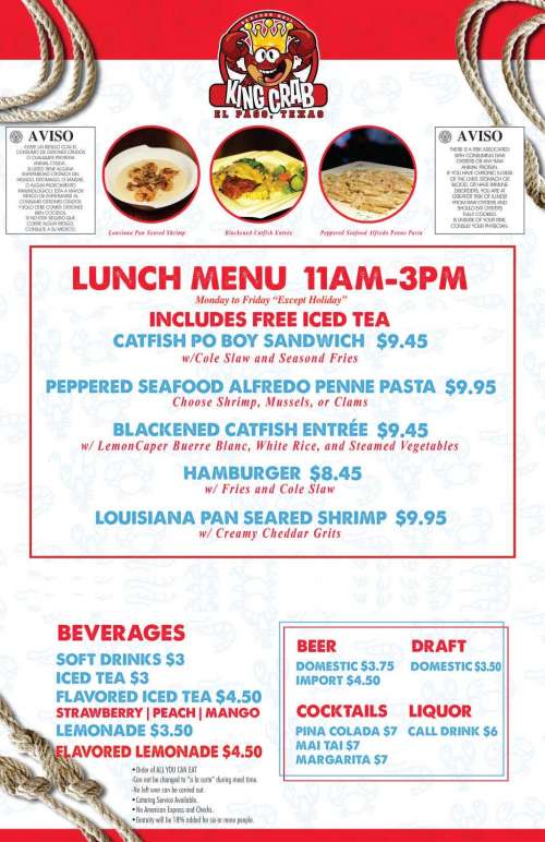 King Crab menu in El Paso, Texas, USA