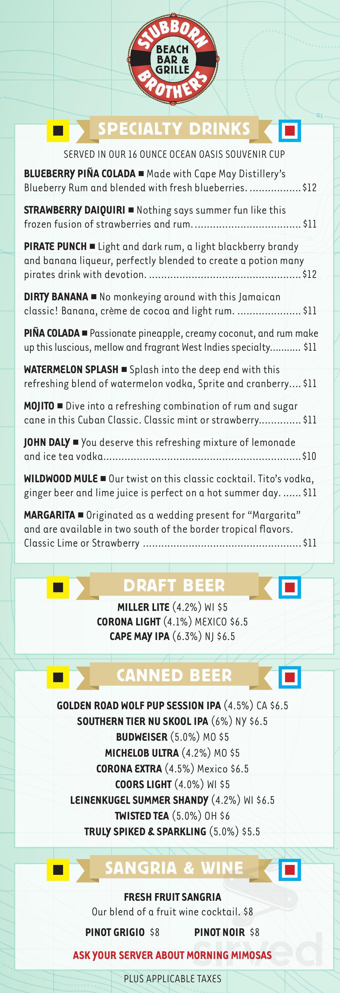 Menu - North Wildwood NJ's Stubborn Brothers Beach Bar & Grille | Sirved