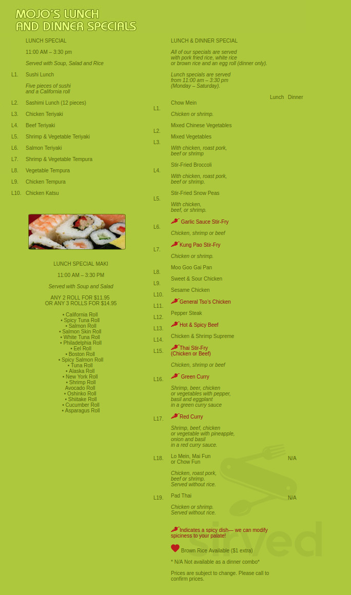 Mojo Asian Cuisine & Sushi Bar menus in Lititz, Pennsylvania, United States