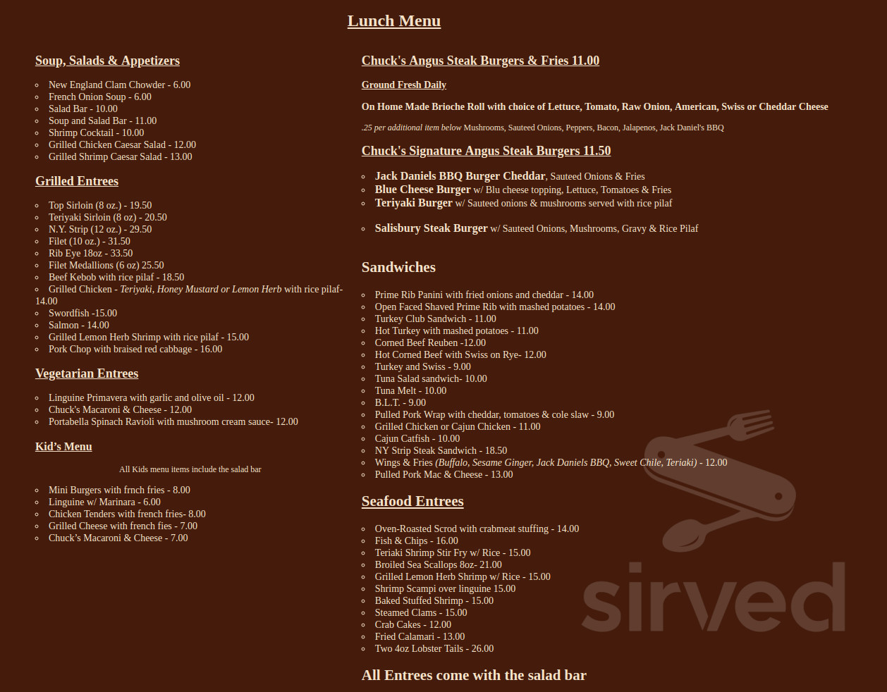 Chuck's Steak House menu in Danbury, Connecticut, USA
