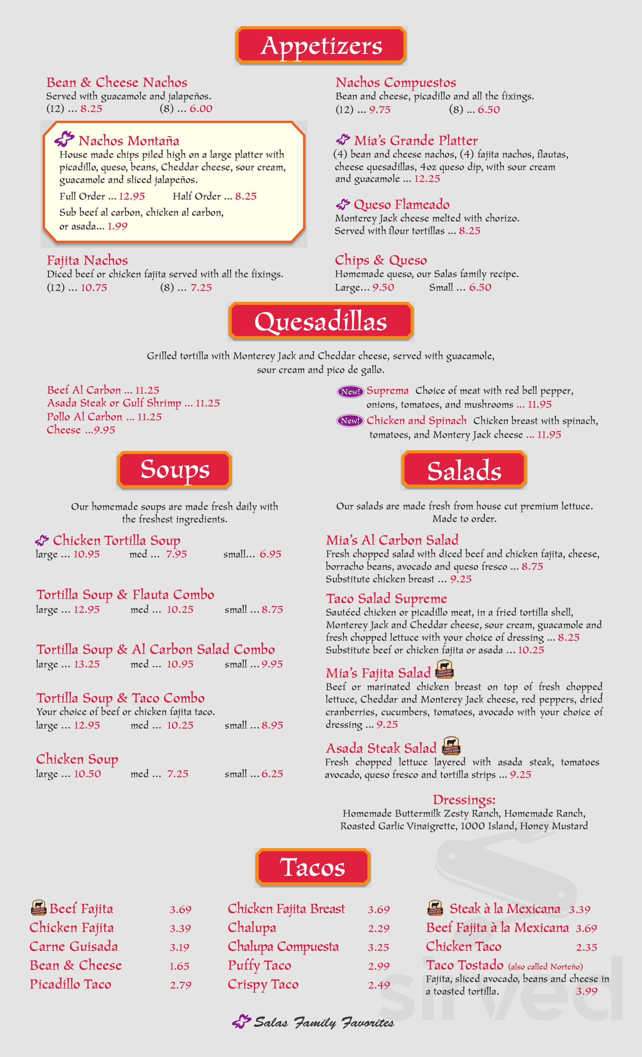 Mia's Mexican Grill menu in San Antonio, Texas, USA
