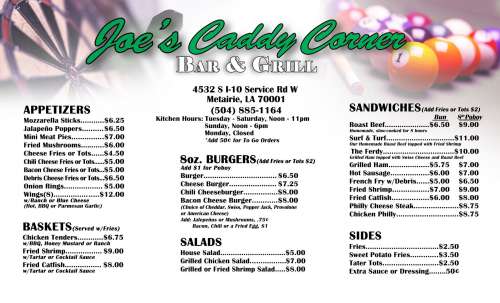 Joe's Caddy Corner Bar & Grill menu in Metairie, Louisiana, USA