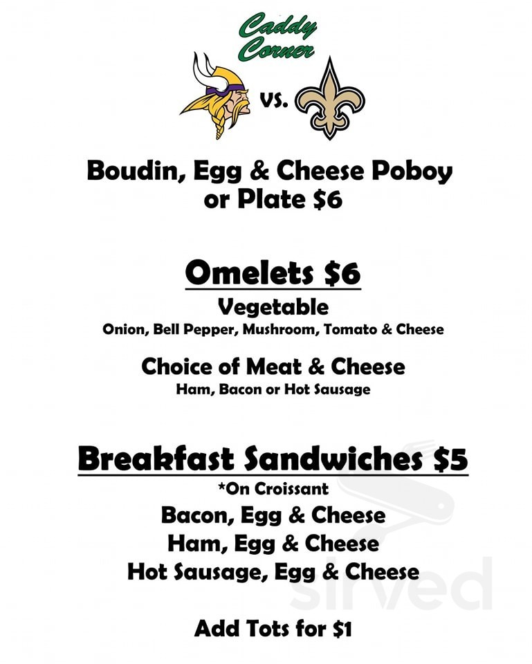 Menu - Metairie LA's Joe's Caddy Corner Bar & Grill | Sirved
