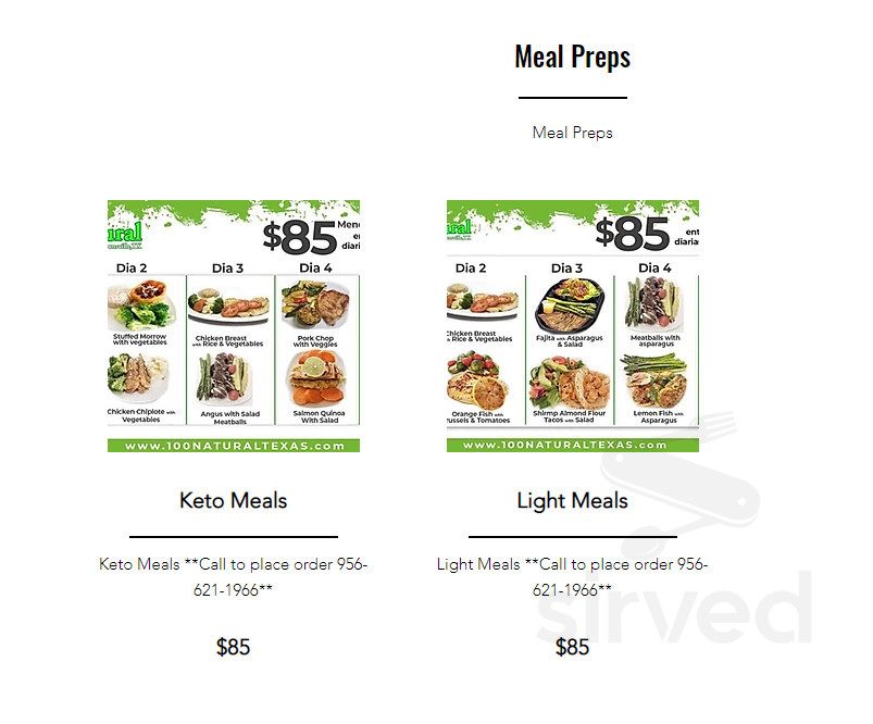 100% Natural menu in Brownsville, Texas, USA