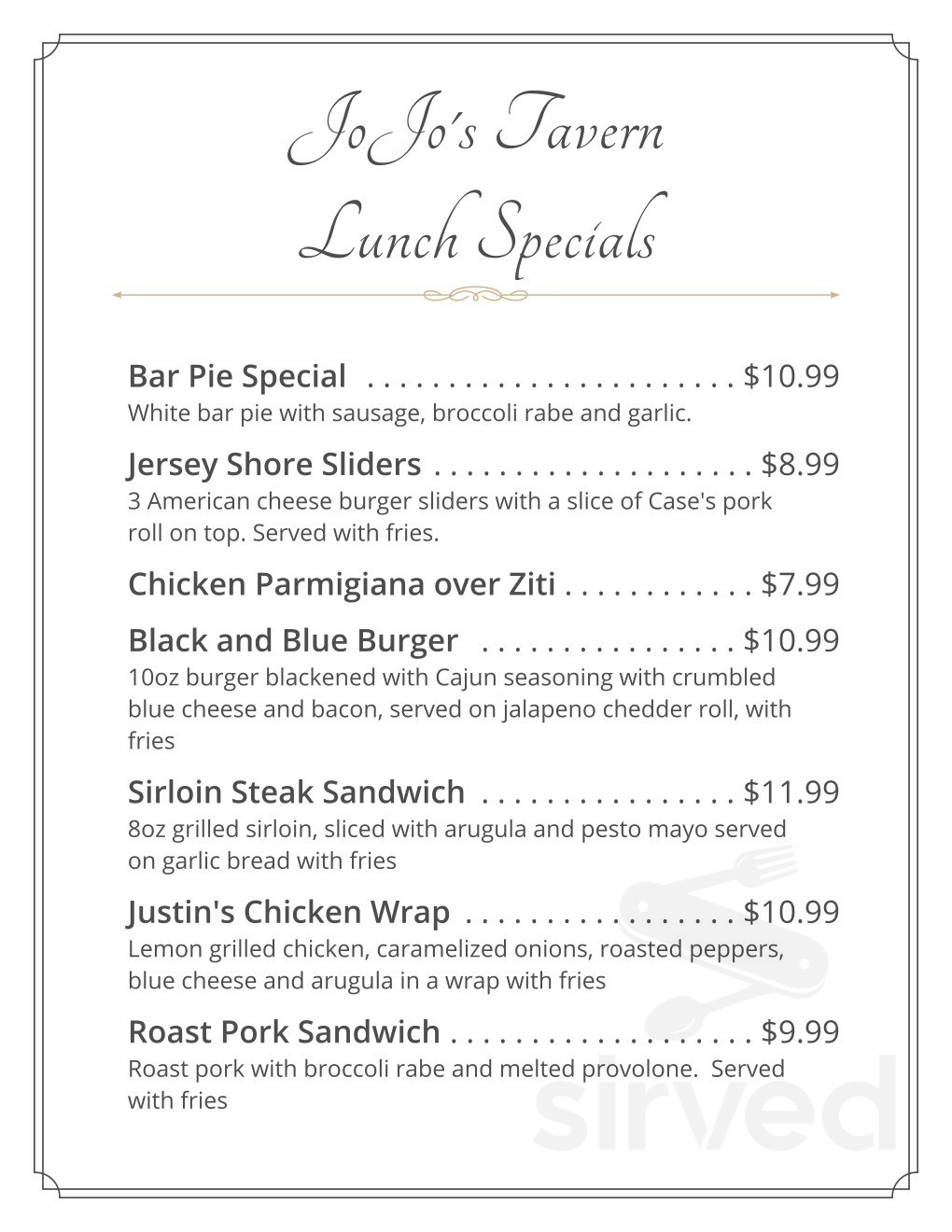 Jojo's Tavern menu in Trenton, New Jersey, USA