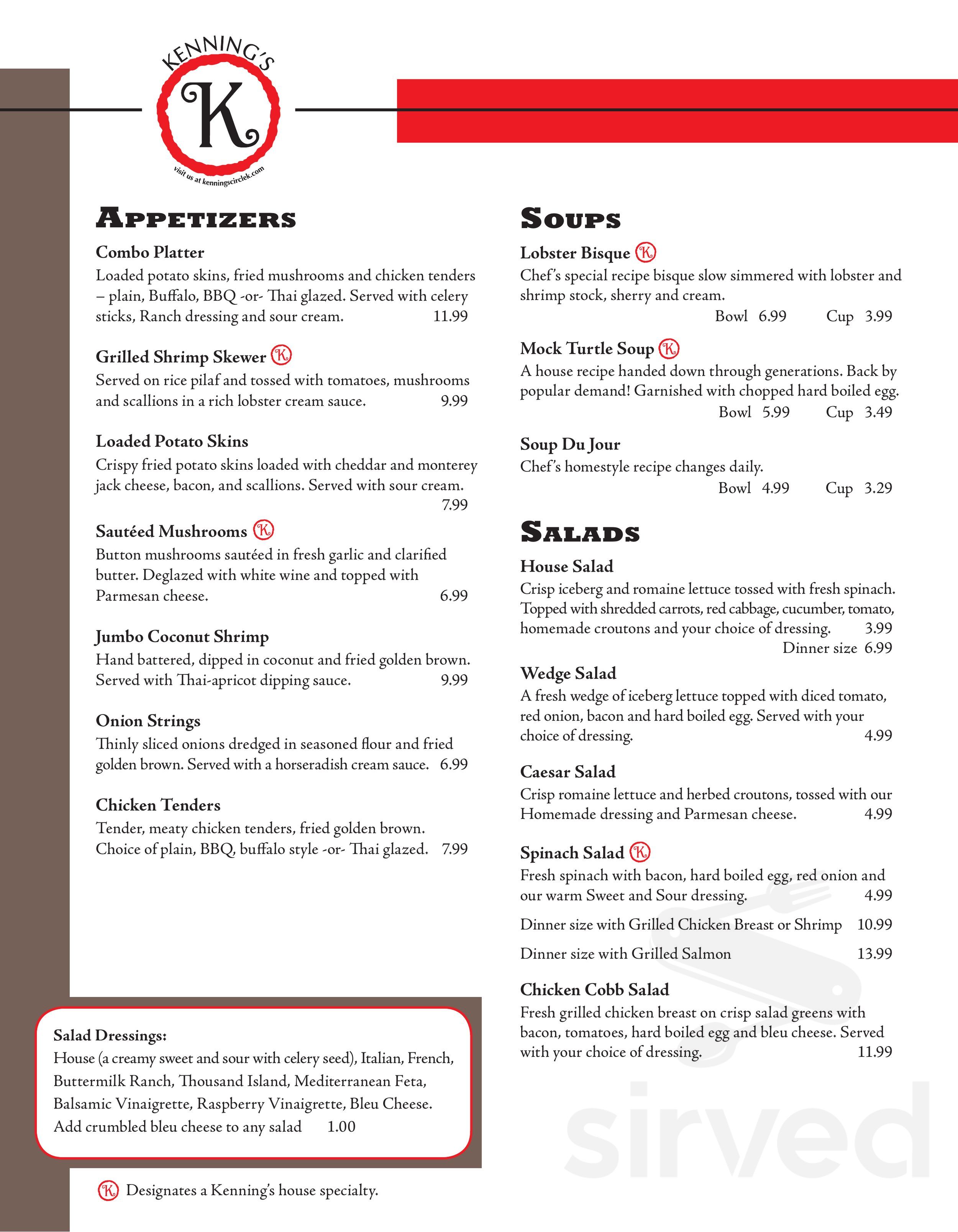 Kenning's Circle K Restaurant menu in Cincinnati, Ohio, USA