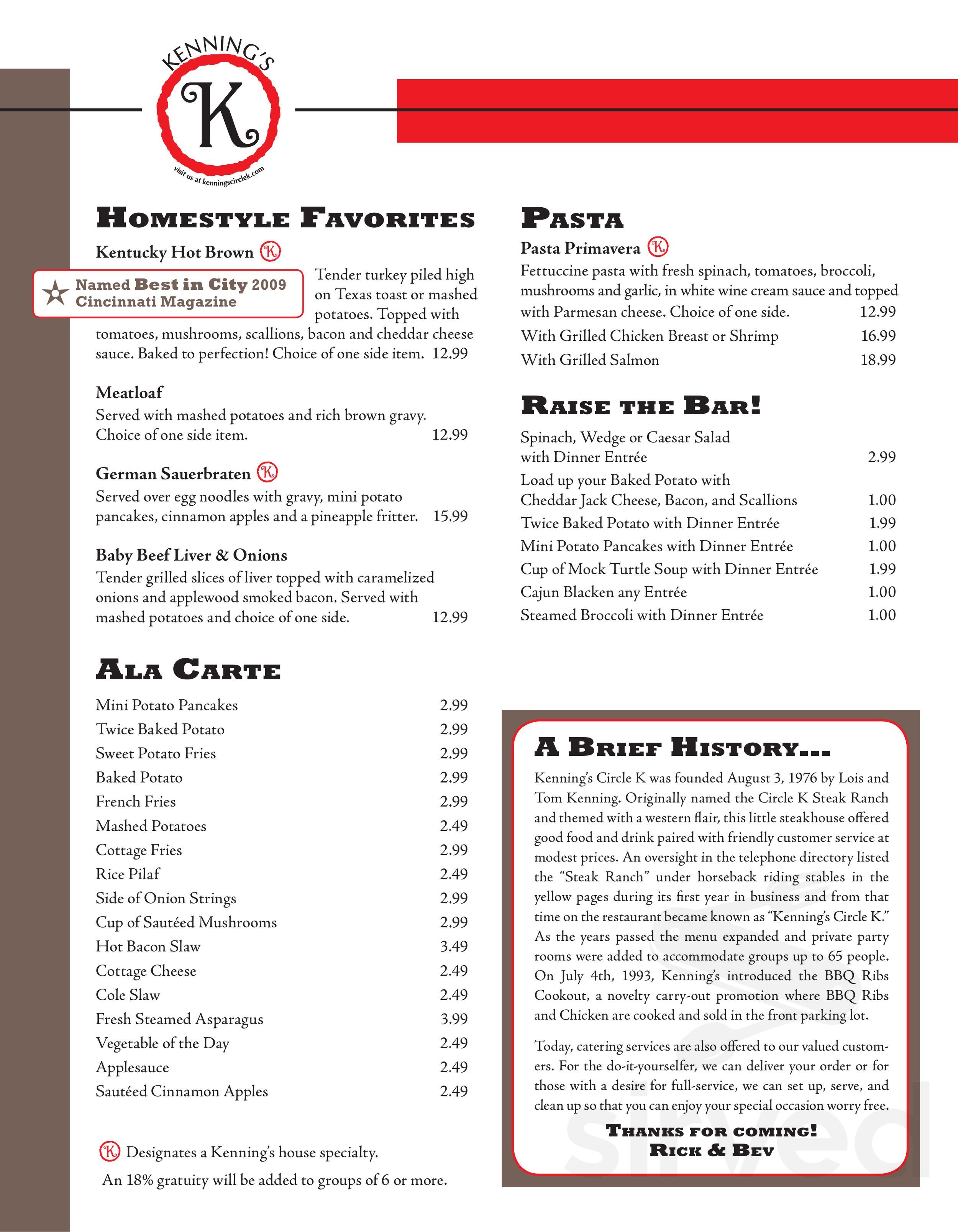 Kenning's Circle K Restaurant menu in Cincinnati, Ohio, USA