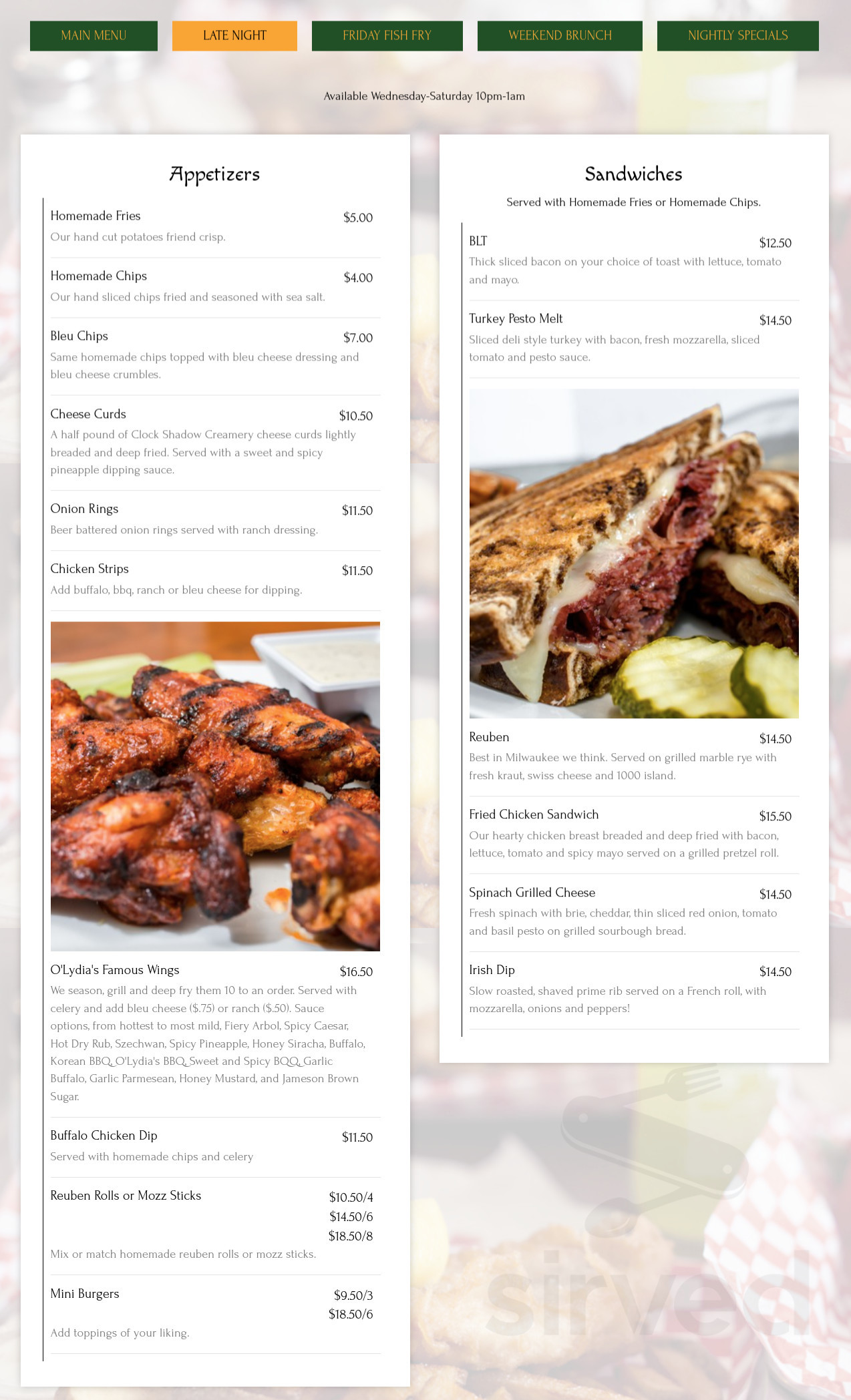 O'Lydia's Bar and Grill menu in Milwaukee, Wisconsin, USA