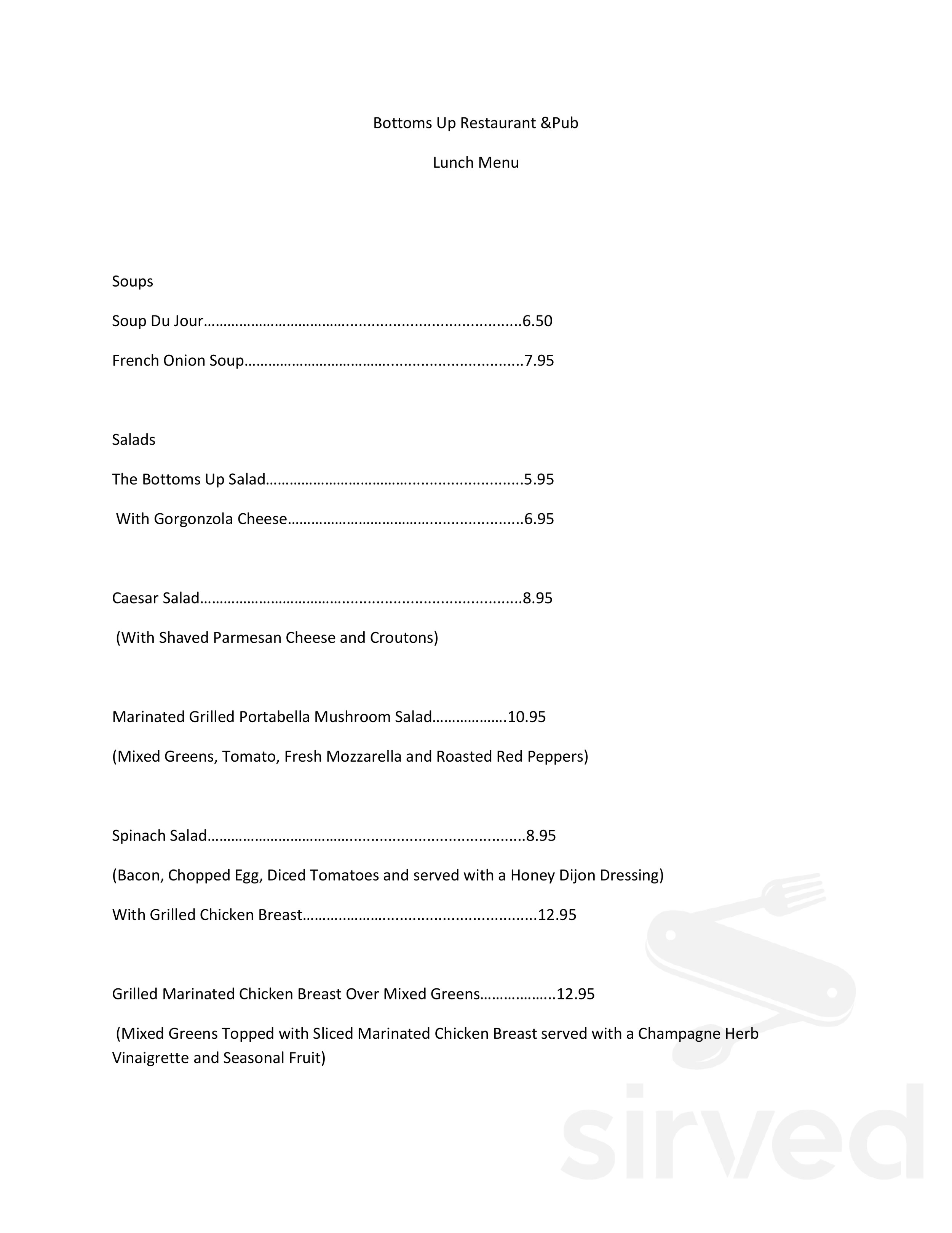 Menu for Bottoms Up Restaurant and Pub in Slate Hill, NY | Sirved