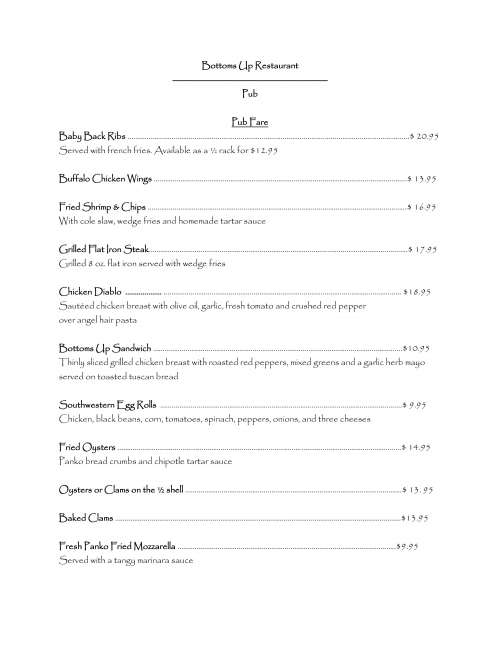 Bottoms Up Restaurant and Pub menu in Slate Hill, New York, USA
