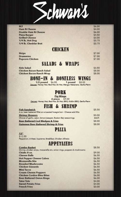 Schwan's Recreation menu in Aberdeen, South Dakota, USA