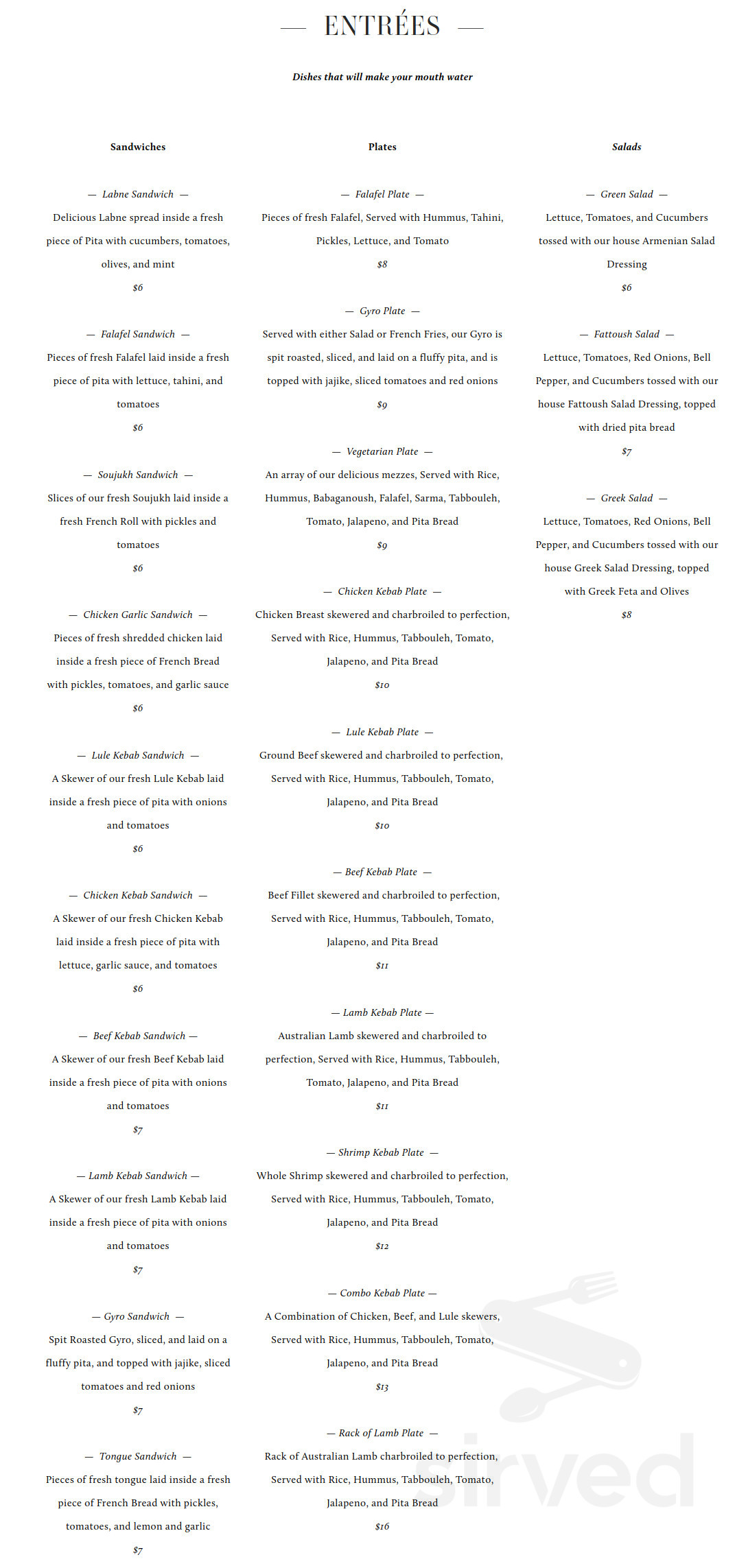 Raffi's Catering and Banquet menu in Pasadena, California, USA