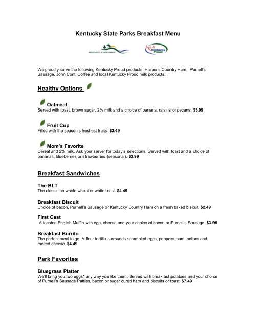General Butler State Resort Park menu in Carrollton, Kentucky, USA