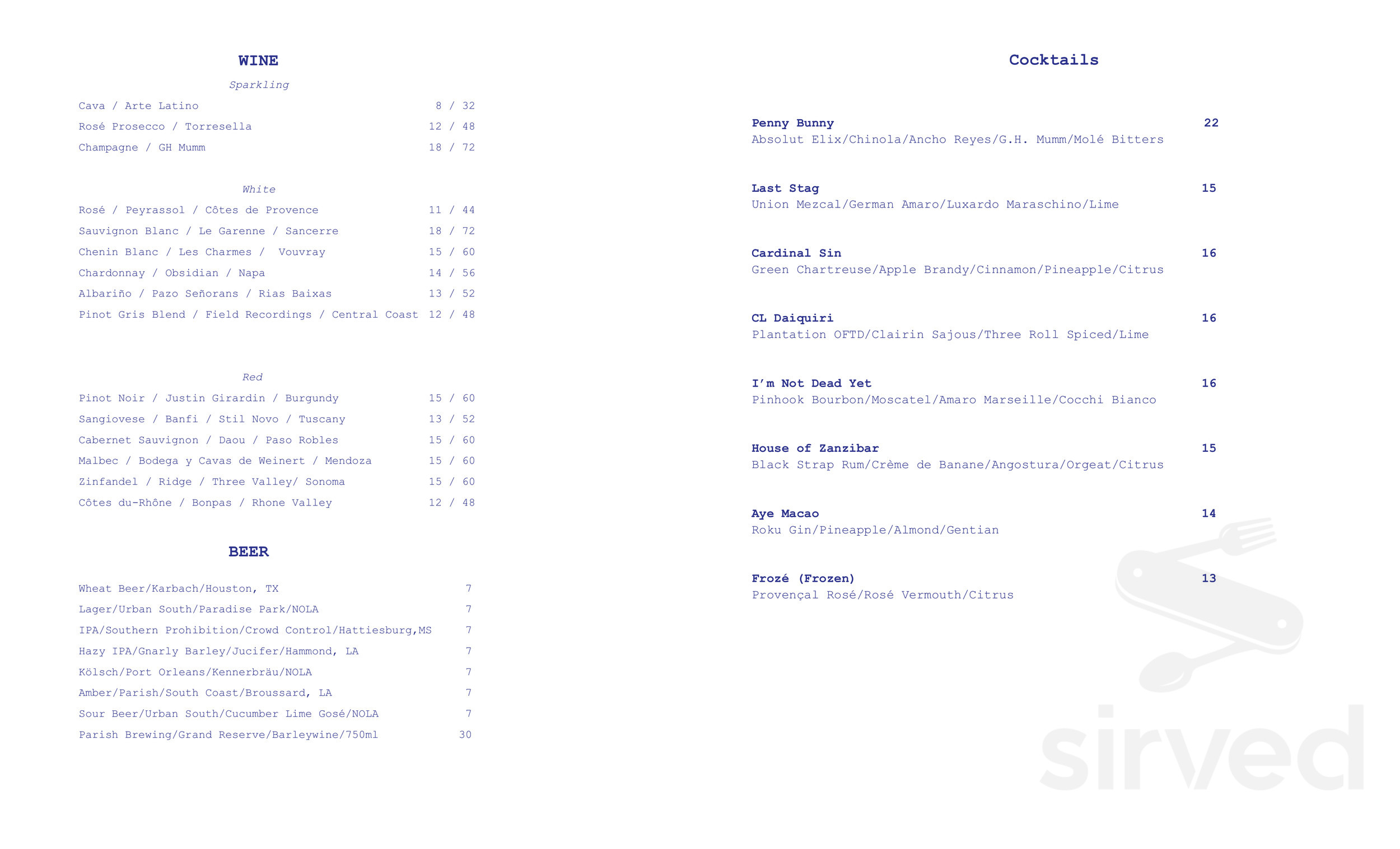 Compère Lapin menu in New Orleans, Louisiana, USA