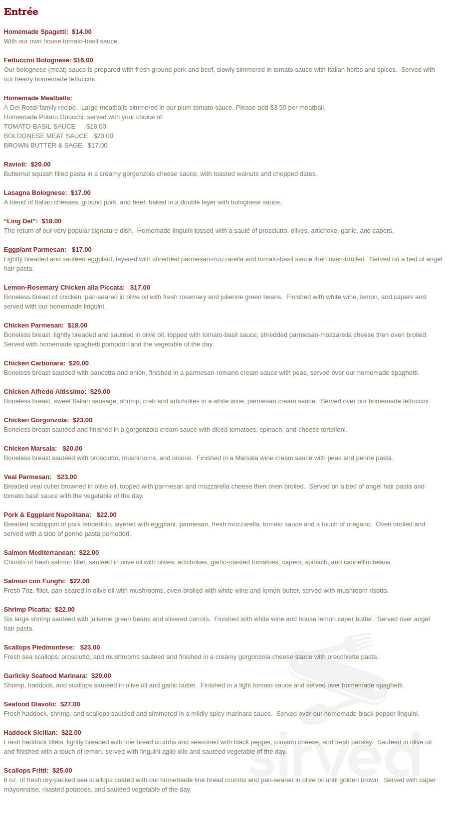 Del Rossi's Trattoria menus in Dublin, New Hampshire, United States