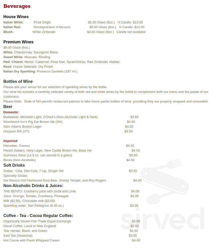 Del Rossi's Trattoria menus in Dublin, New Hampshire, United States