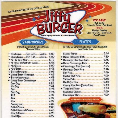 Jiffy Burger menu in Manchester, Tennessee, USA
