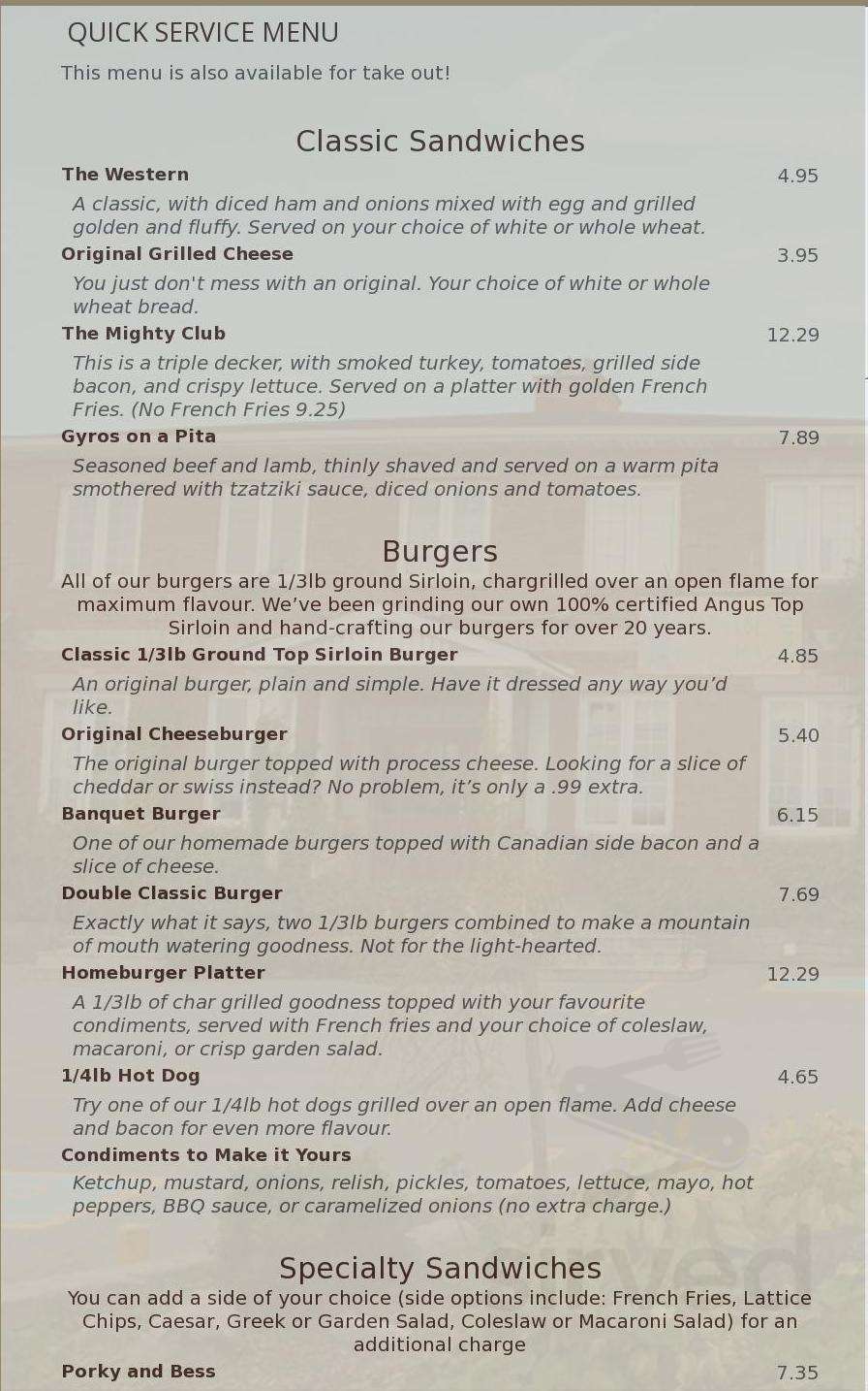 The Railside menu in Port Hope, Ontario, Canada