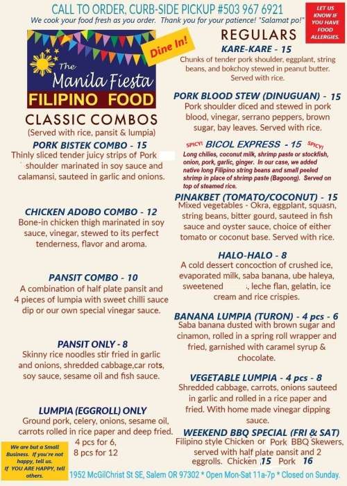 The Manila Fiesta menu in Salem, Oregon, USA