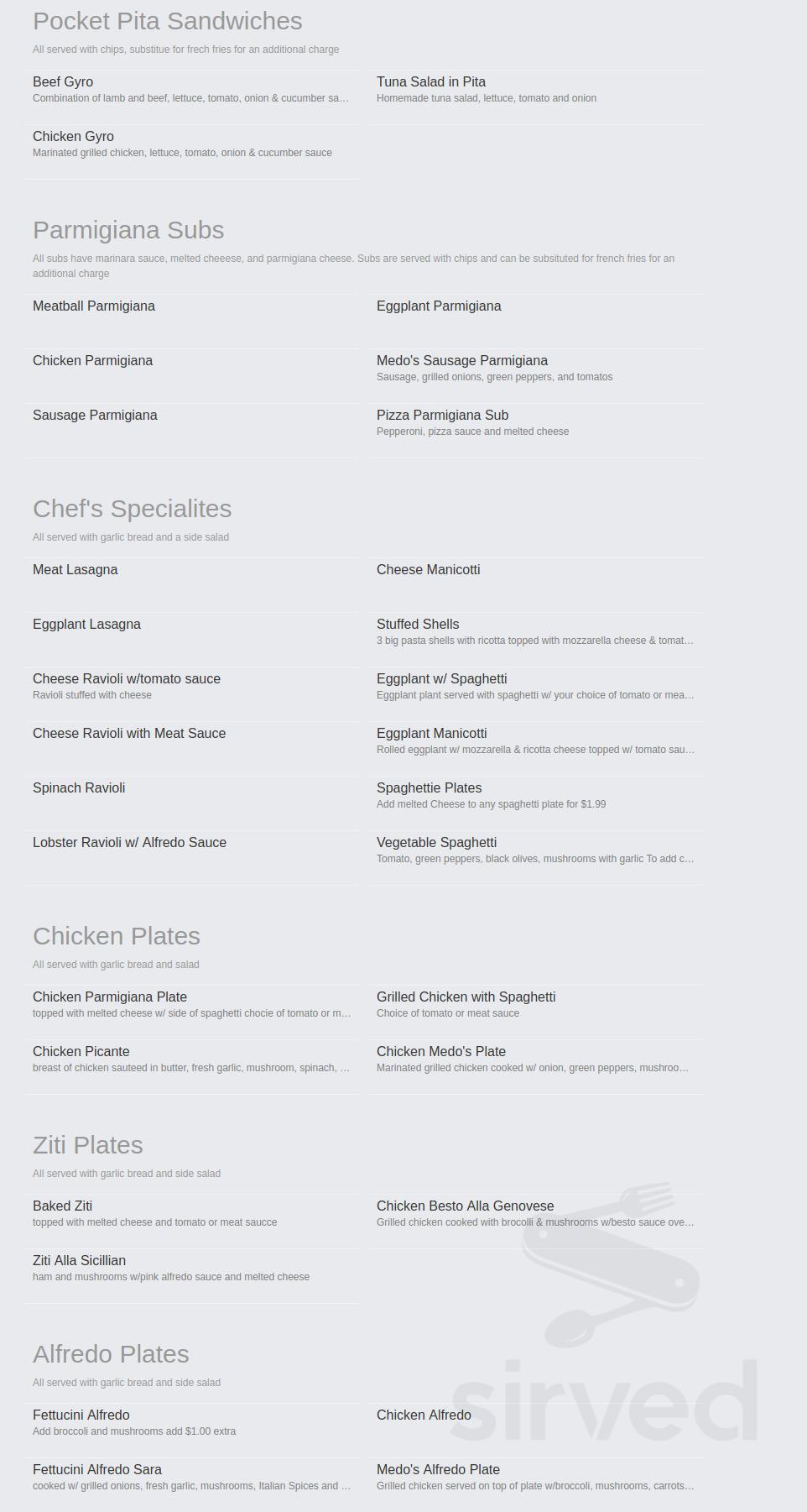 Medo's Italian Restaurant menu in Asheboro, North Carolina, USA